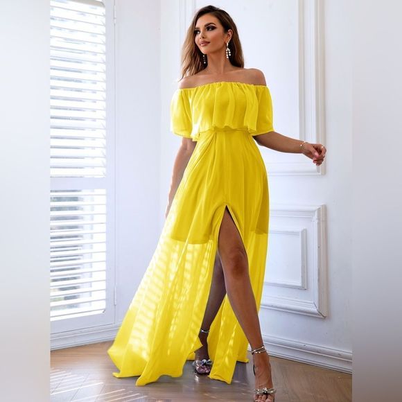 boutique | Dresses | Yellow Offshoulder Layeredsplit Slit Maxi Dress ...
